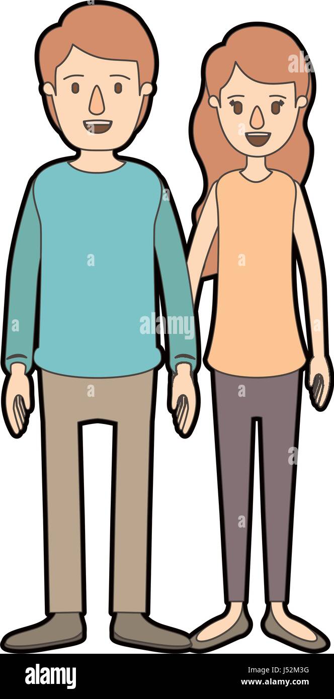 light color caricature thick contour full body couple in casual ...