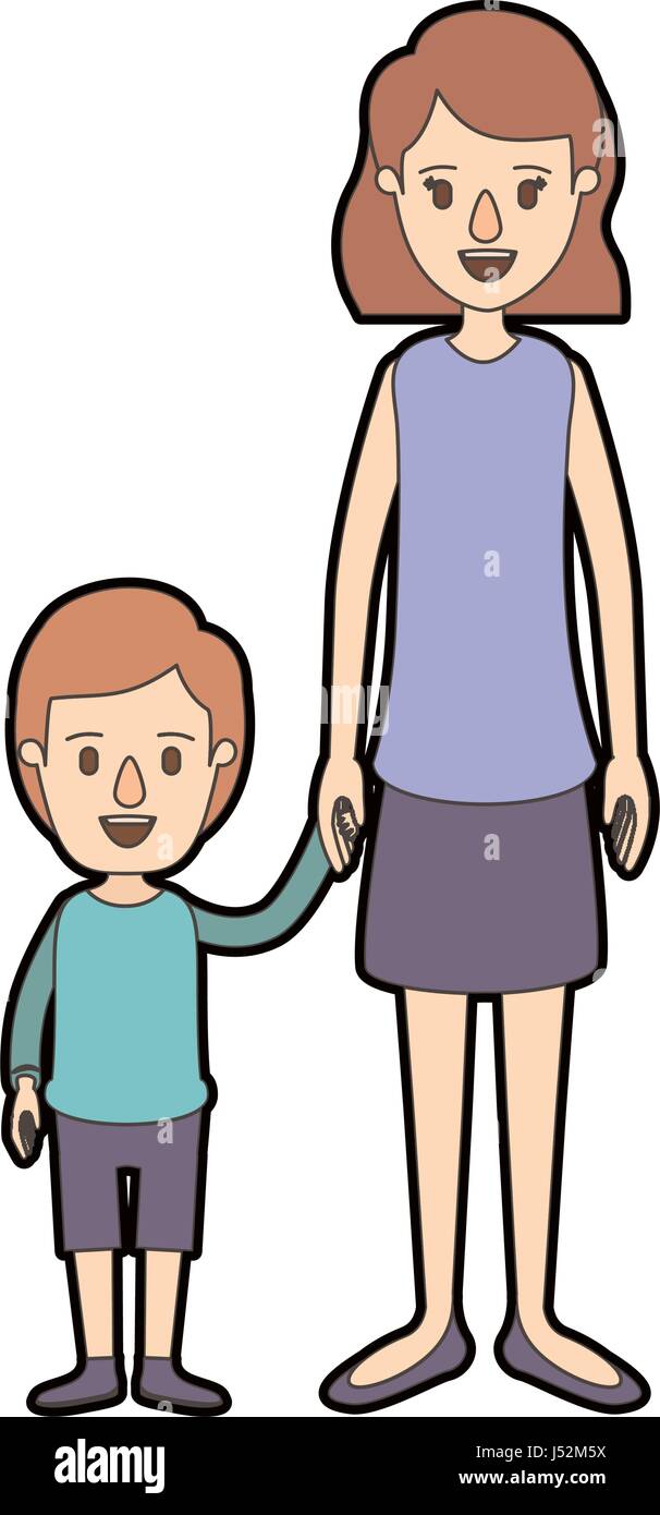 light color caricature thick contour full body mother taken hand with ...