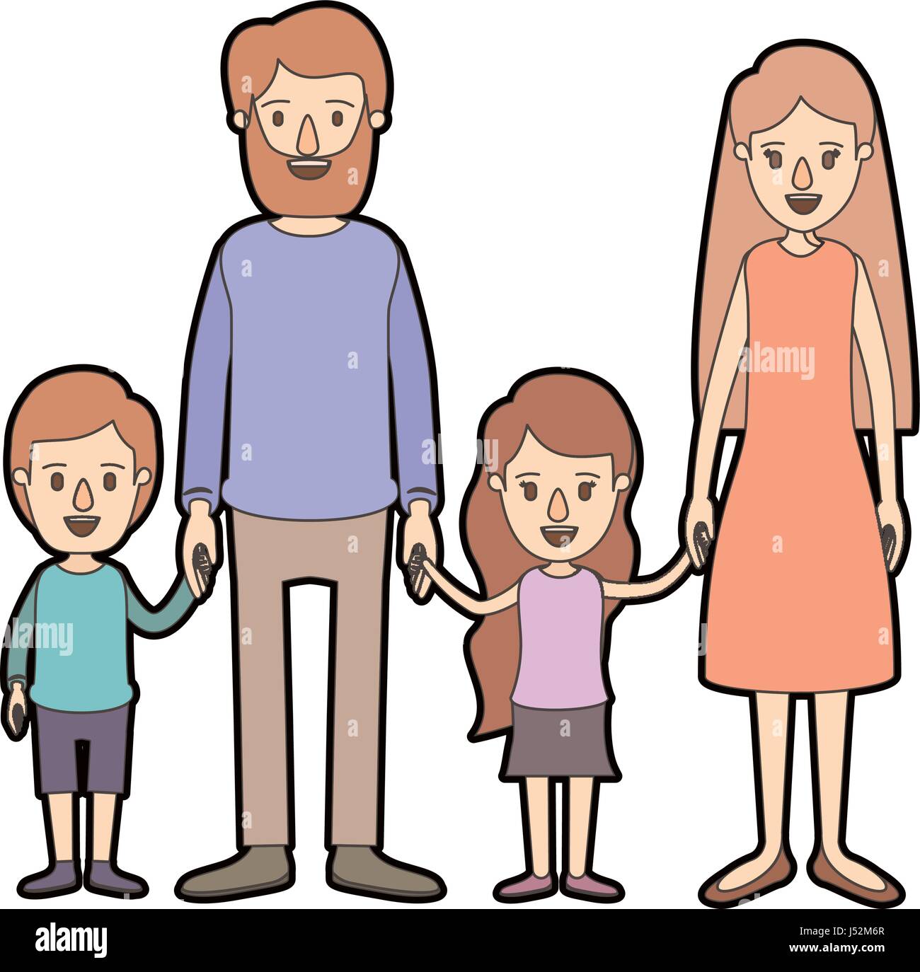 light color caricature thick contour family with parents and little ...