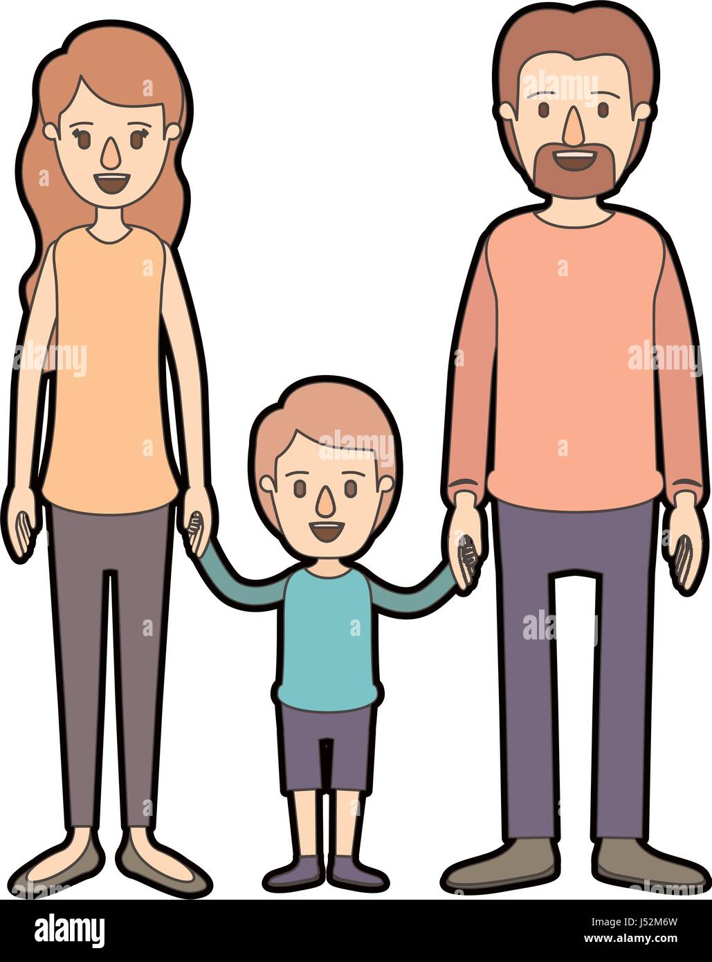 light color caricature thick contour family with parents and little boy ...