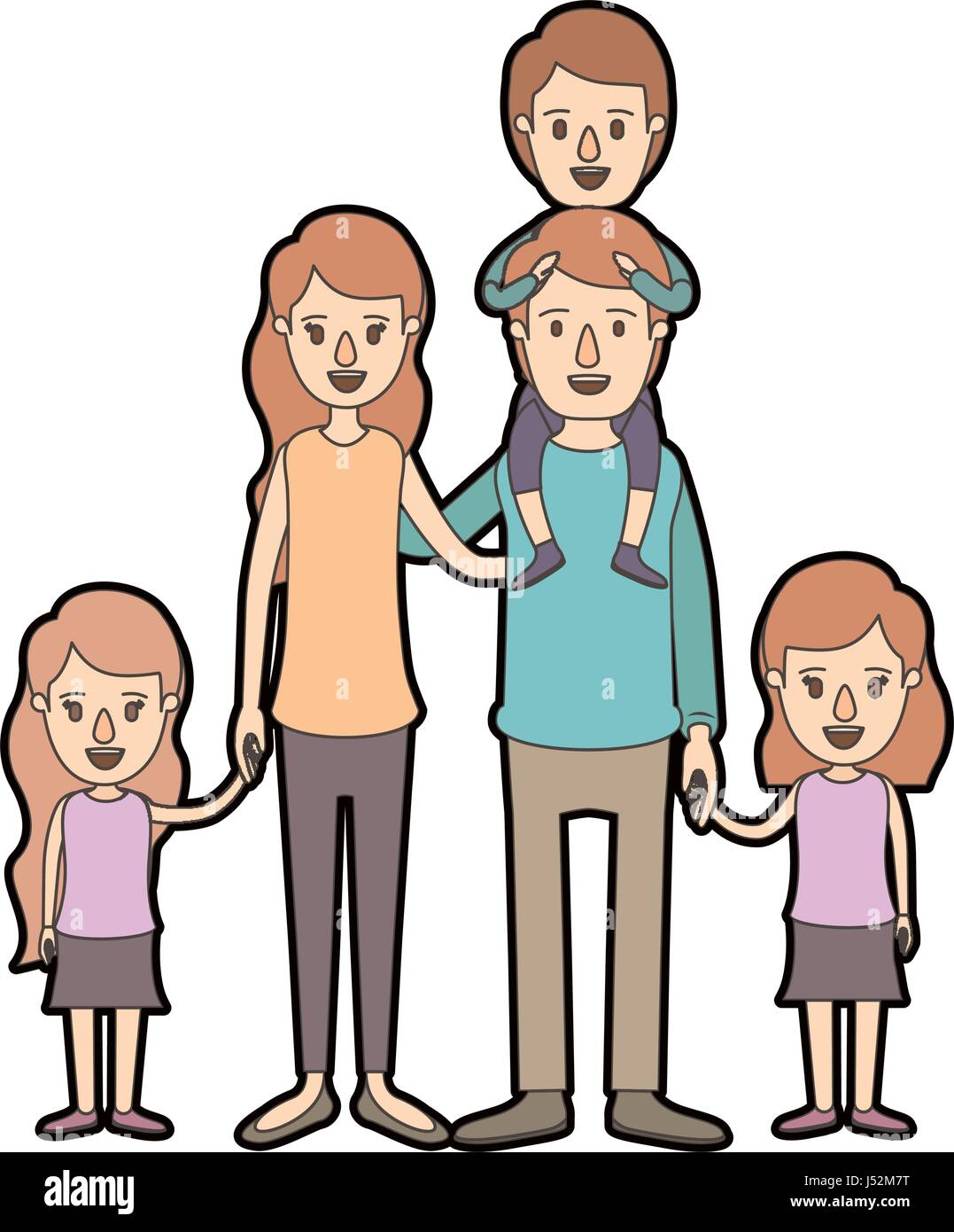 light color caricature thick contour big family parents with boy on his ...