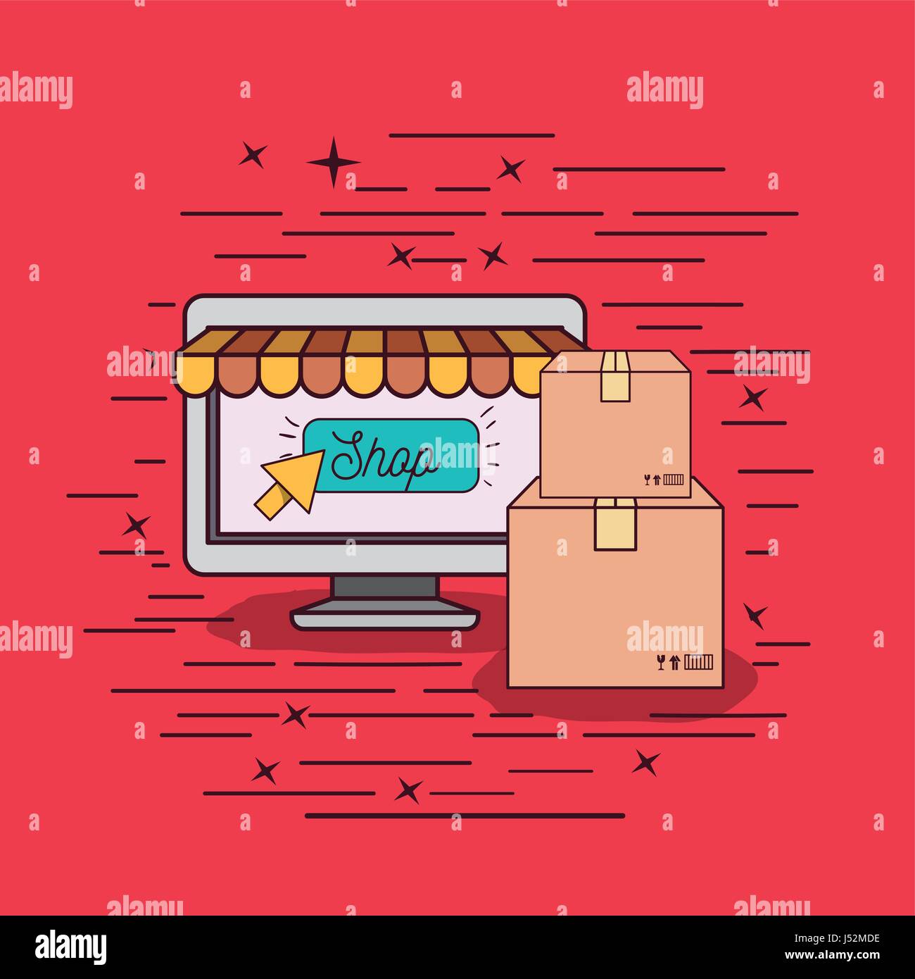 red background with online sell and shipping packages Stock Vector ...