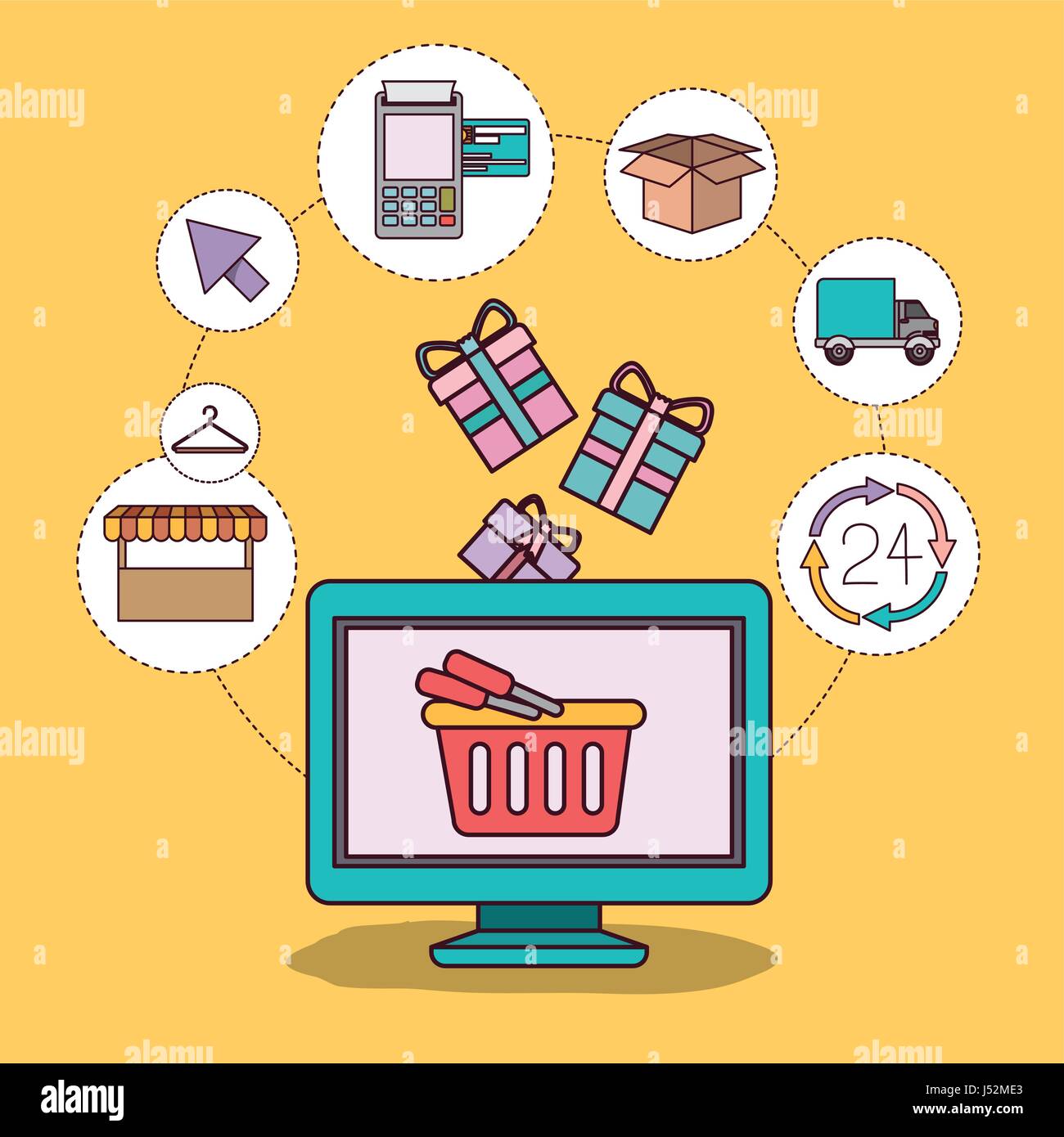 yellow background with desktop computer and online checkout Stock ...