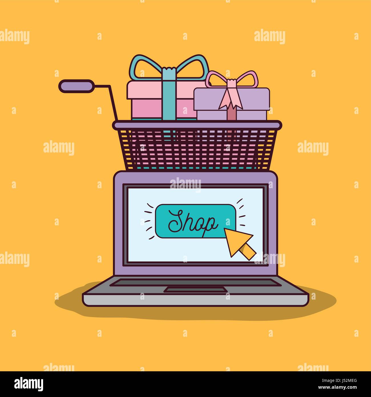 yellow background with laptop computer and shopping cart full of gifts ...