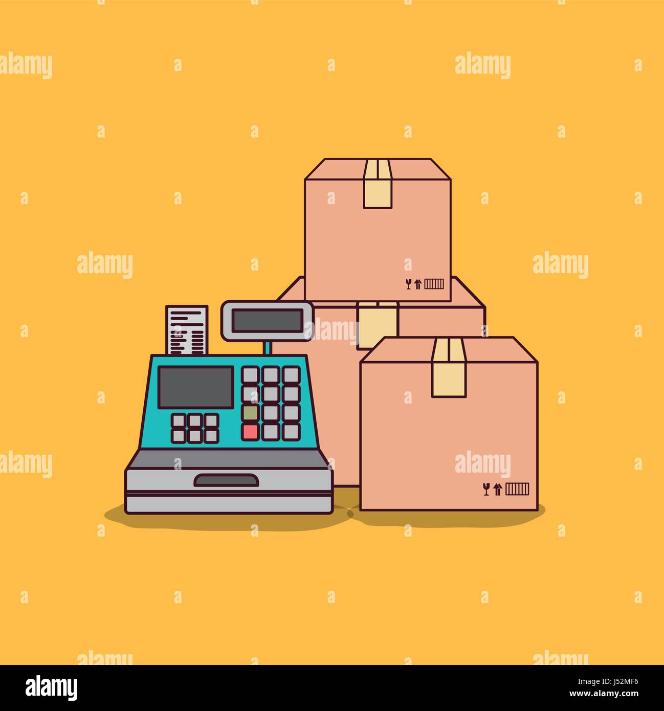 yellow background with cash register and packages Stock Vector Image ...