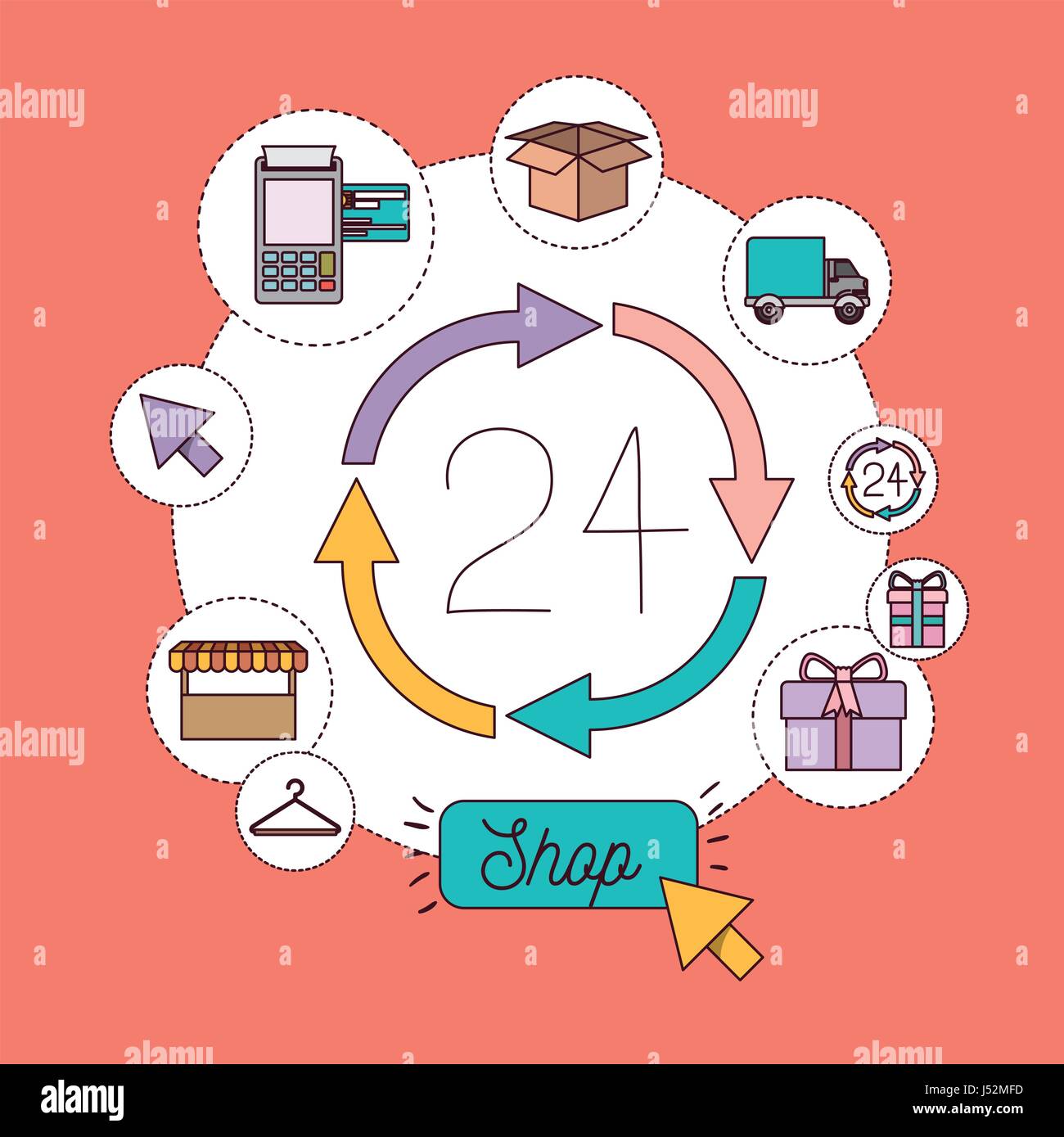 light salmon color background with set of shop icons 24 hours Stock ...