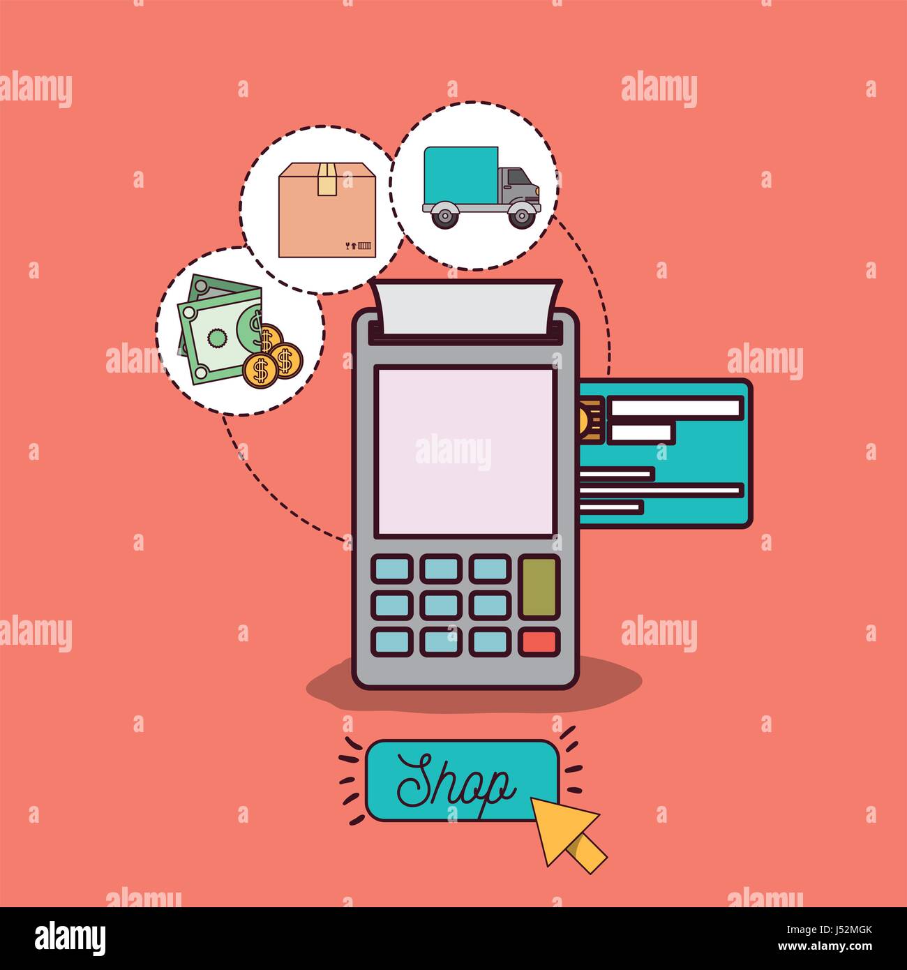 light salmon color background with payment terminal and credit card and ...
