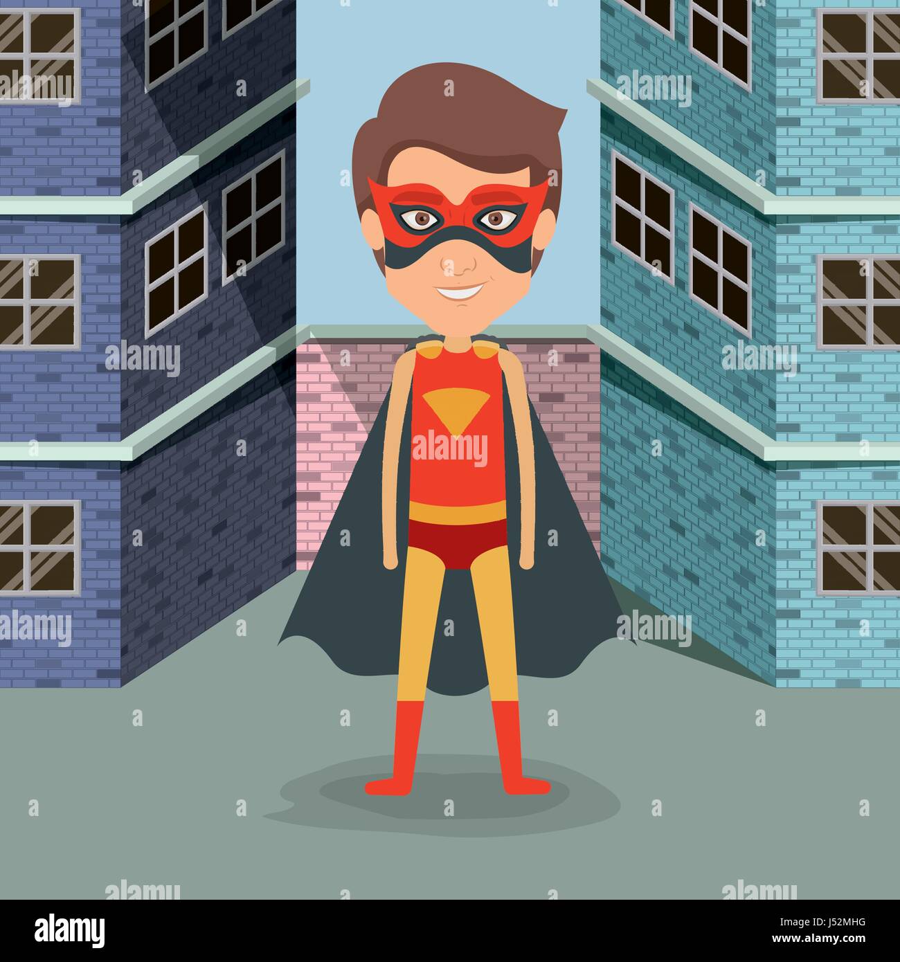 colorful background buildings brick facade with superhero man with ...