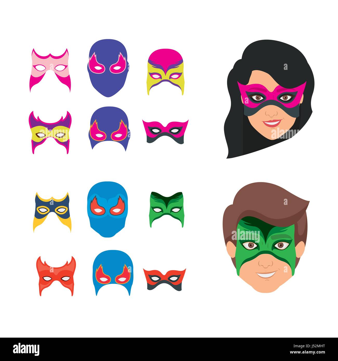 white background set ccollection mask of super hero male and female ...