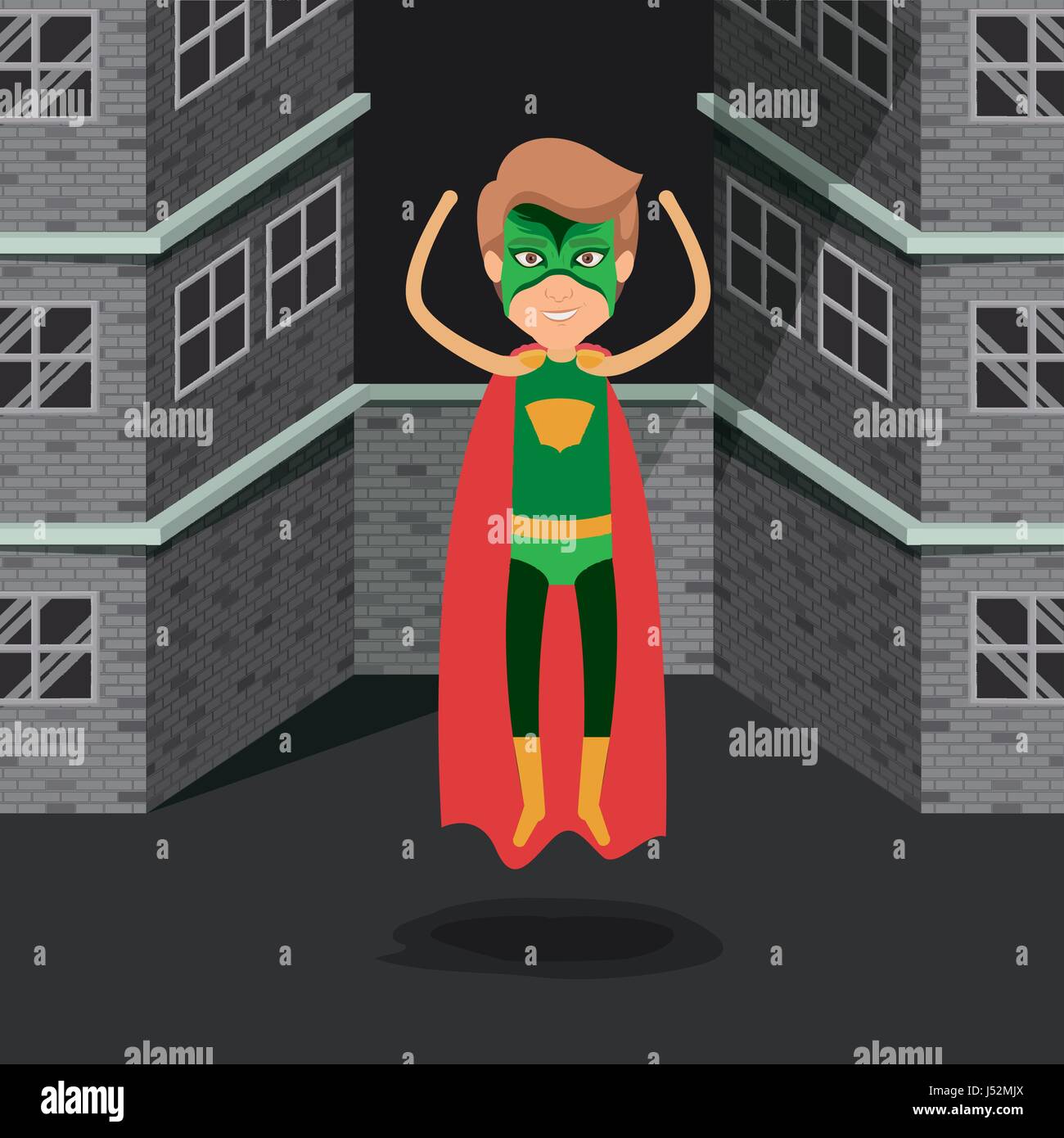 gray background buildings brick facade with superhero man with costumes ...