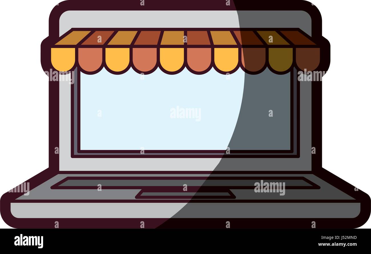 white background with laptop computer online store with thick contour ...