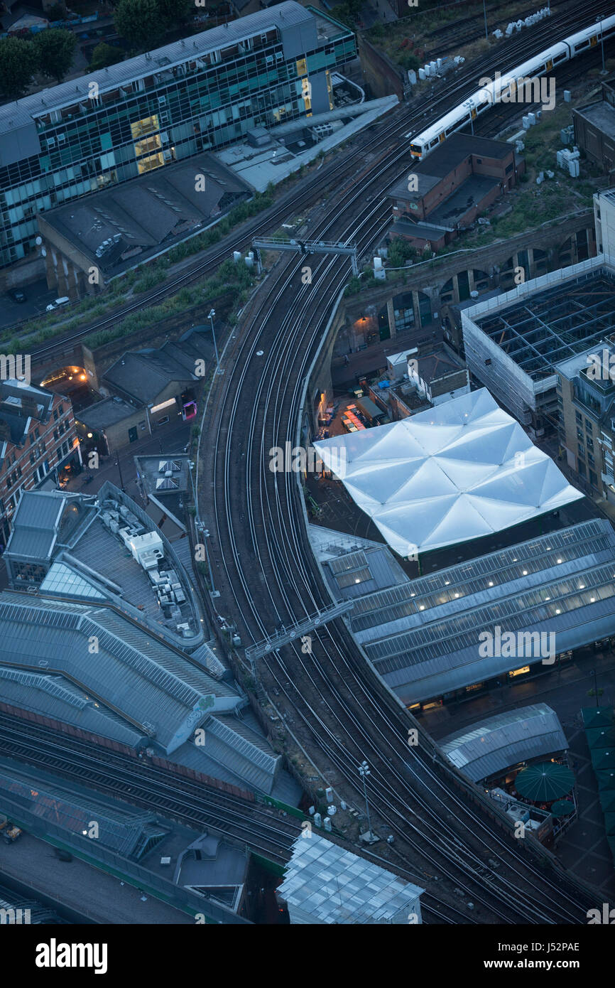 Aerial view of Borough Market and railway lines in the city of London ...
