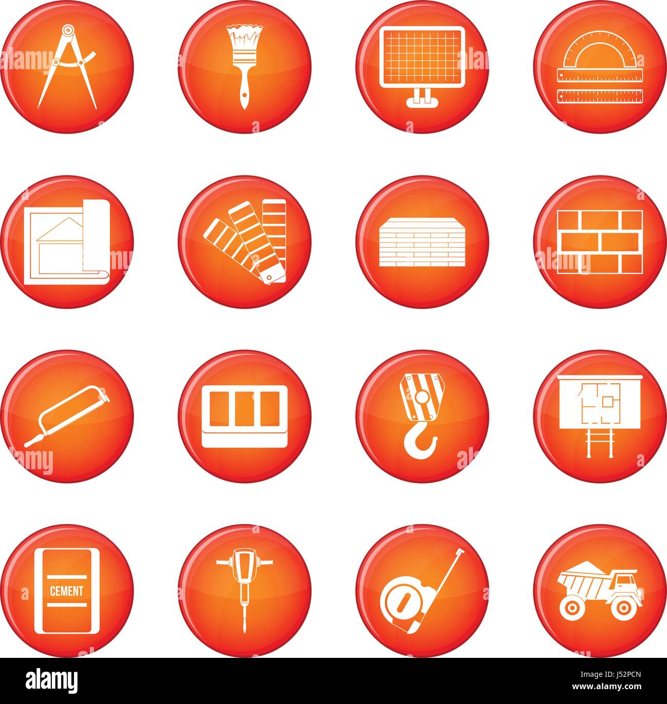 Construction icons vector set of red circles isolated on white ...