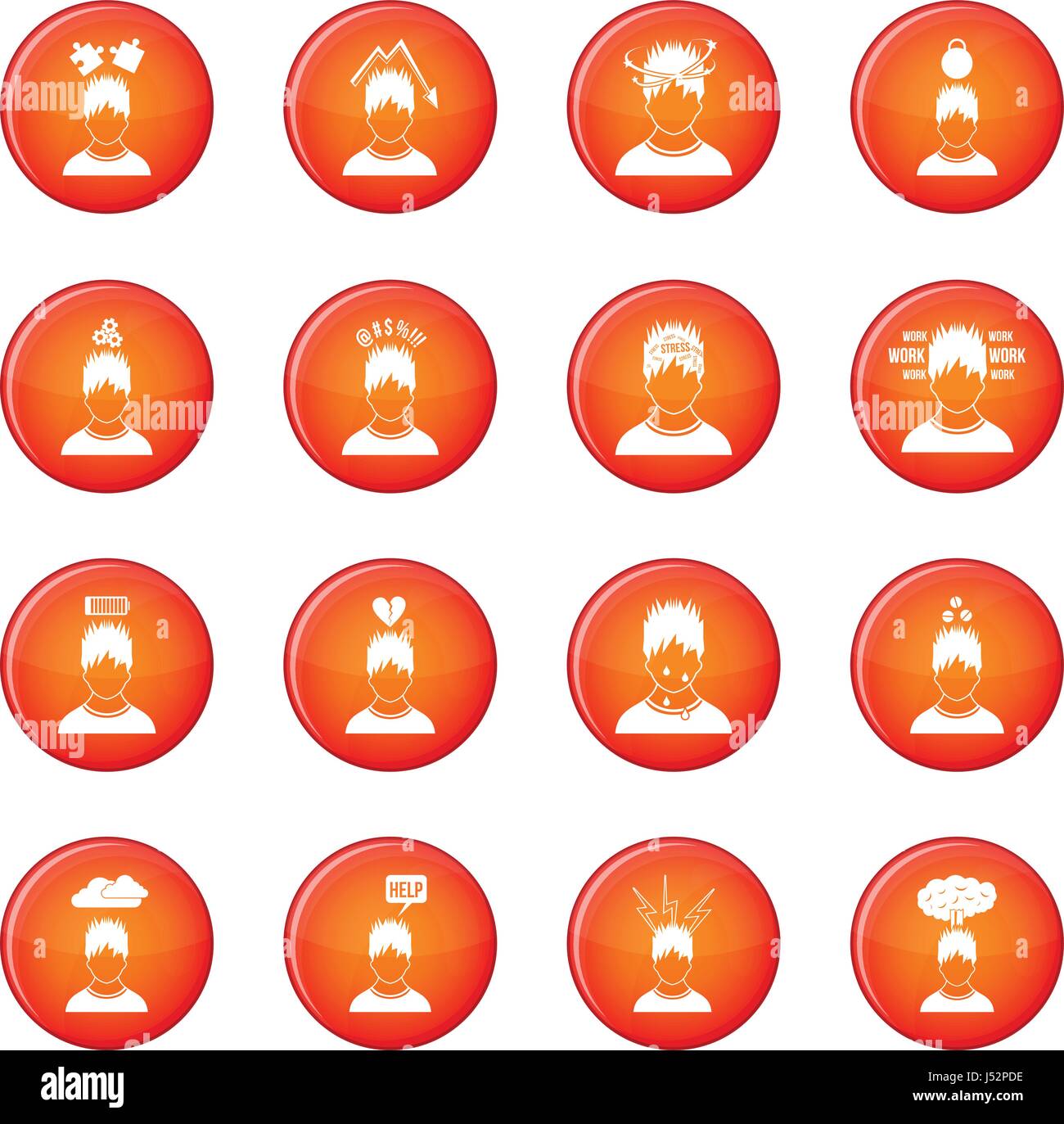 Stress icons vector set of red circles isolated on white background ...