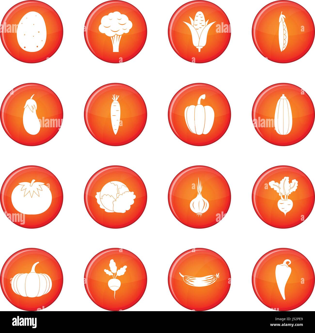 Vegetables icons vector set of red circles isolated on white background ...