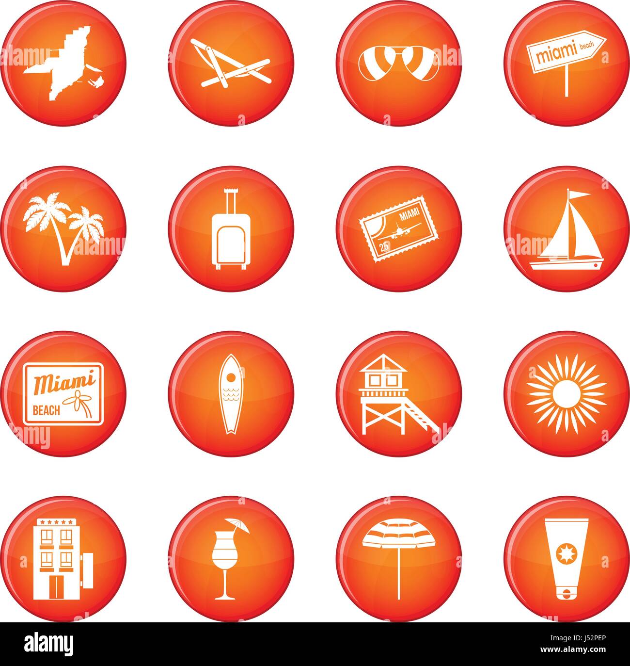 Miami icons vector set of red circles isolated on white background ...