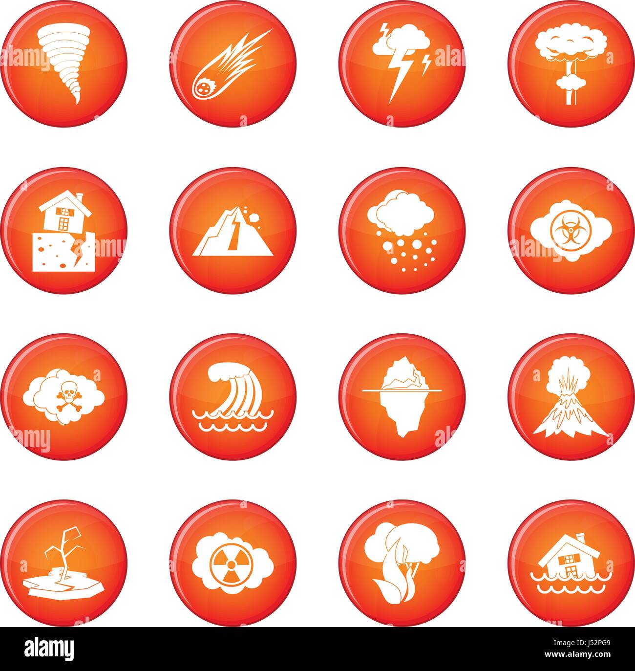 Natural disaster icons vector set of red circles isolated on white ...