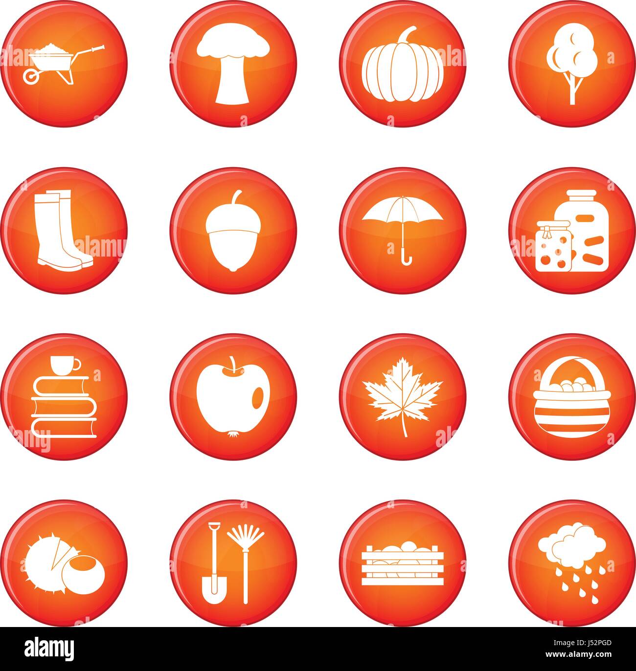 Autumn icons vector set of red circles isolated on white background ...