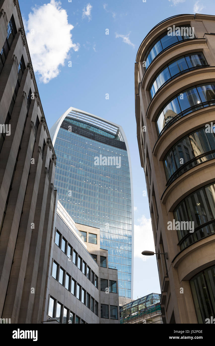 View looking up at the modern office building in the City of London ...