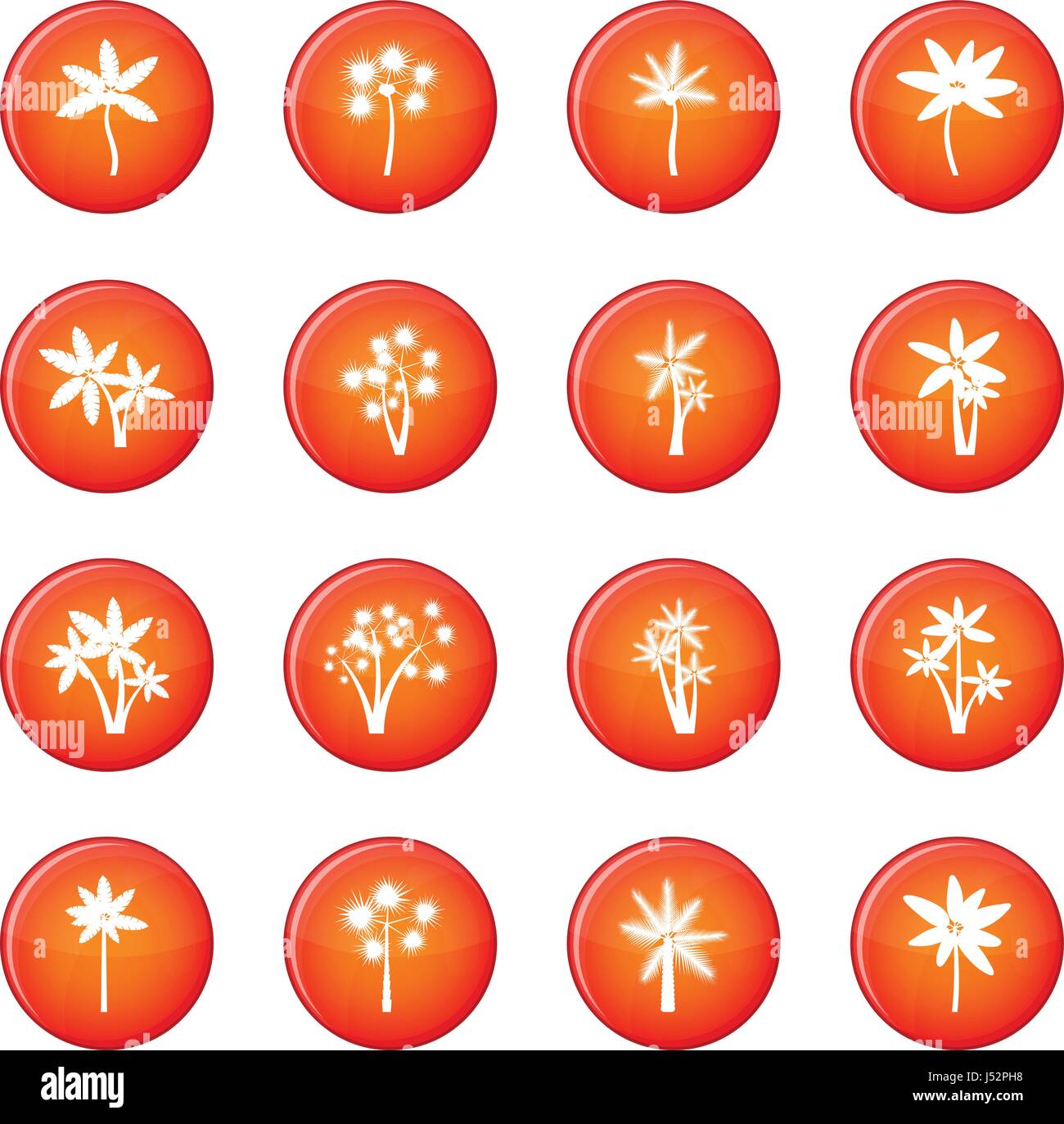 Palm tree icons vector set of red circles isolated on white background ...