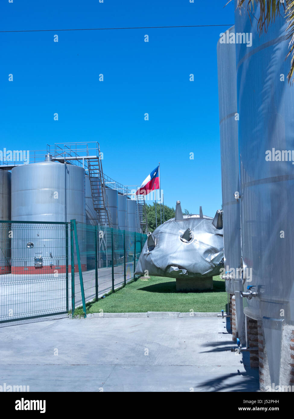 Some wine metallic fermentation tanks. Wine industry in Chile. The ...