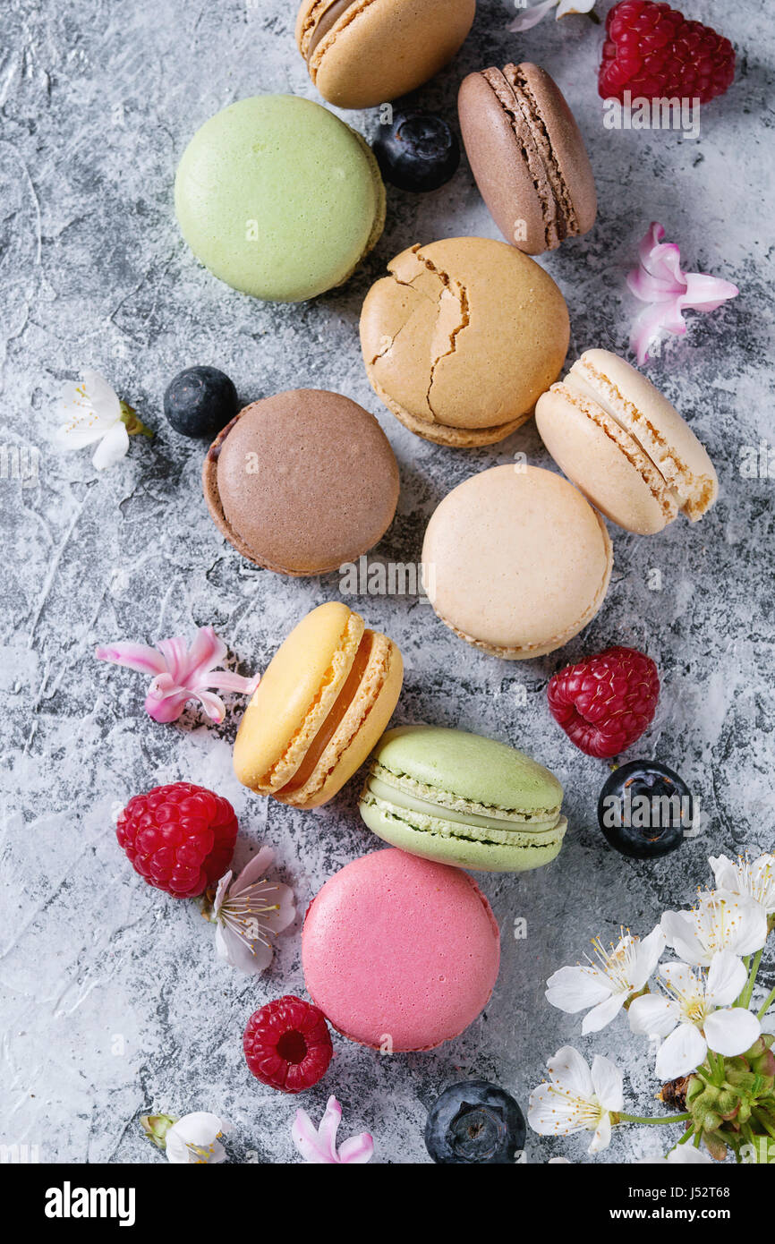 Variety of colorful french sweet dessert macarons with different ...
