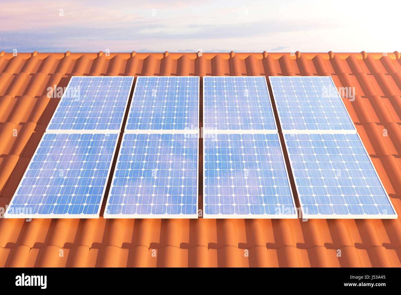 3D illustration solar panels on a red roff, power generation technology ...