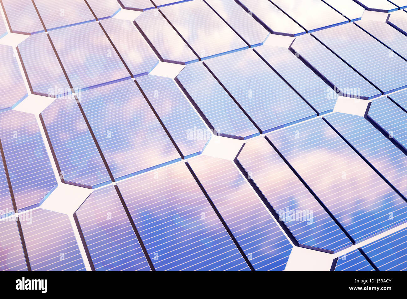 3D illustration Solar energy concept. Sunset sky reflection on ...