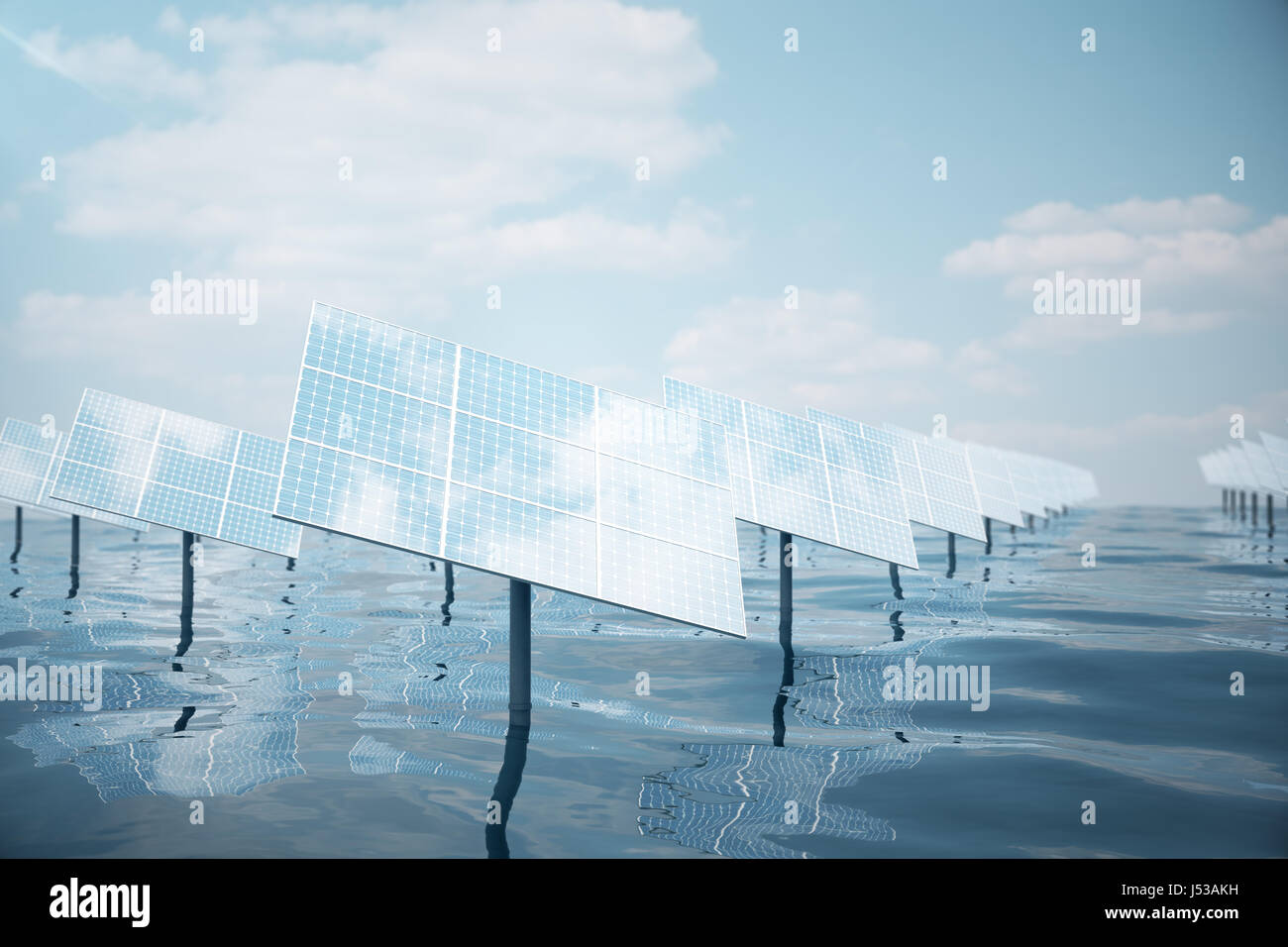 3D illustration of big solar panels on sea, ocean or river. Reflection ...