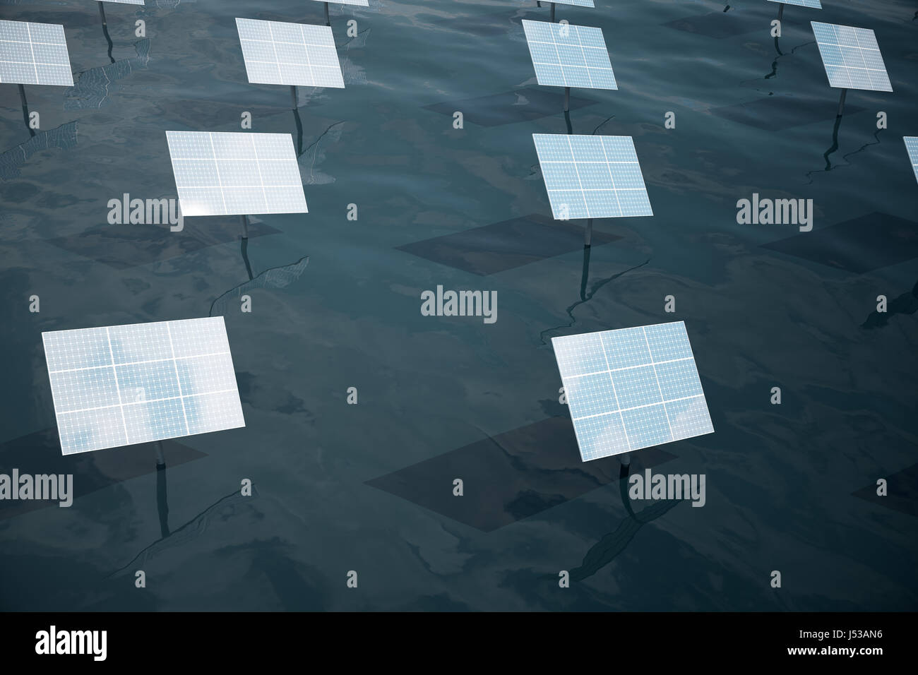 3D illustration of big solar panels on sea, ocean or river. Reflection ...