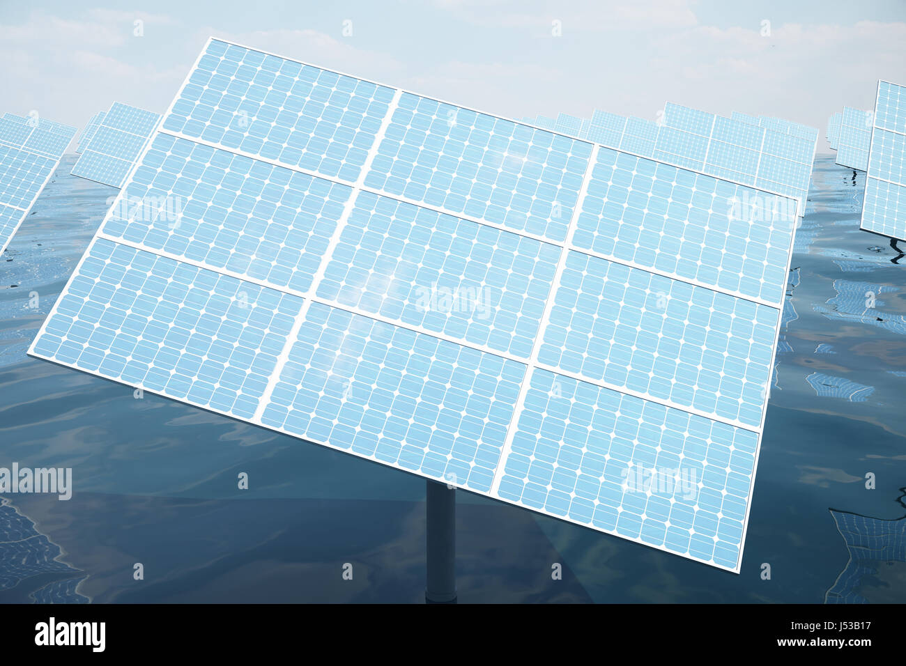 3D illustration of big solar panels on sea, ocean or river. Reflection ...