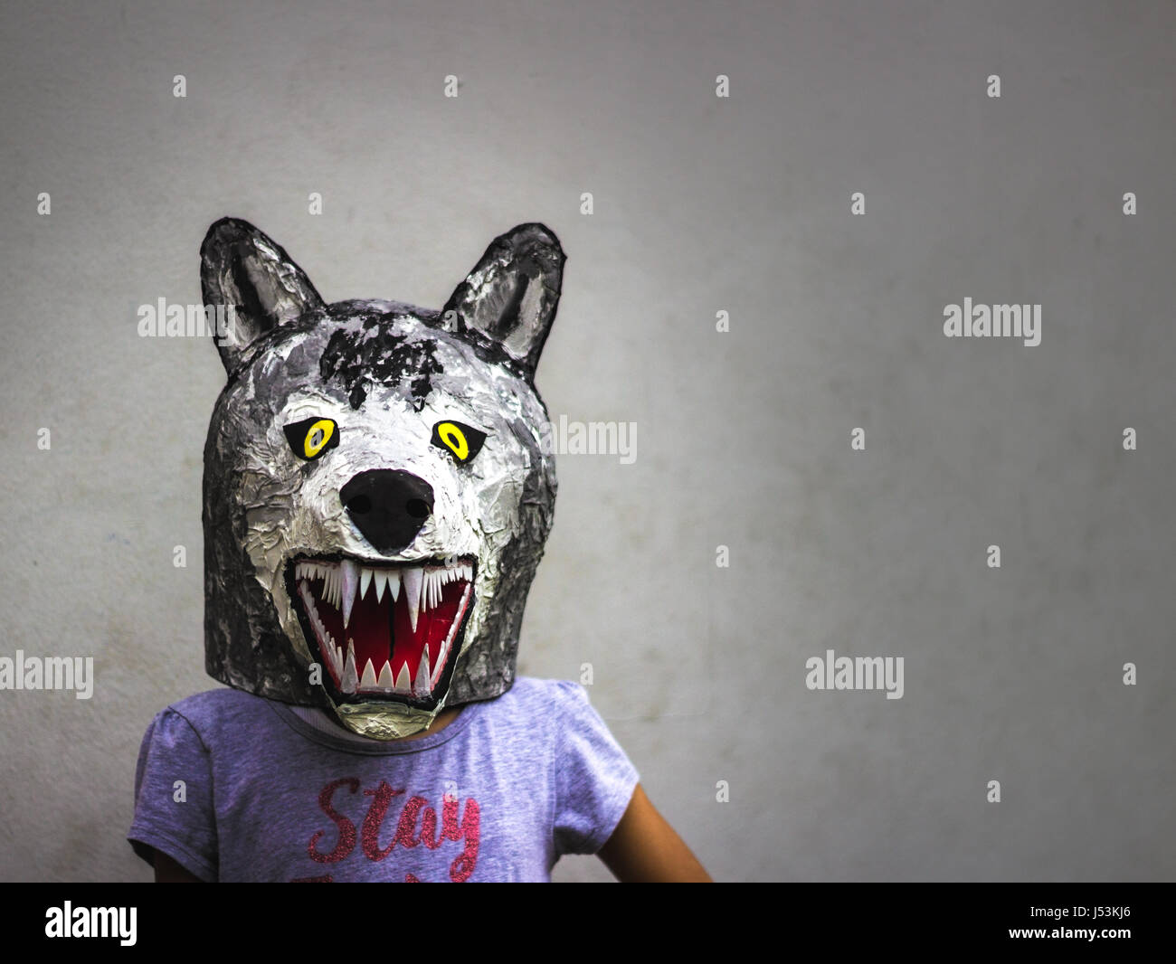 Photograph of a kid with a carton wolf mask Stock Photo - Alamy