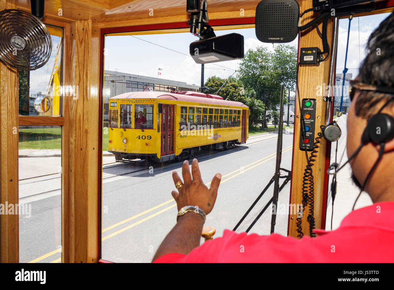 Little Rock Arkansas,River Rail Electric Streetcar,Hispanic man men ...