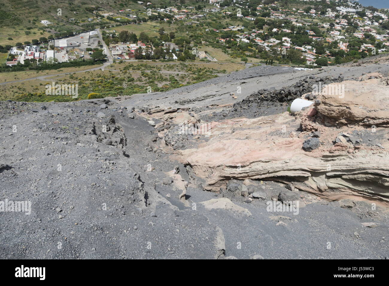 Nature and view on a way at the top of volcano on Vulcano island ...