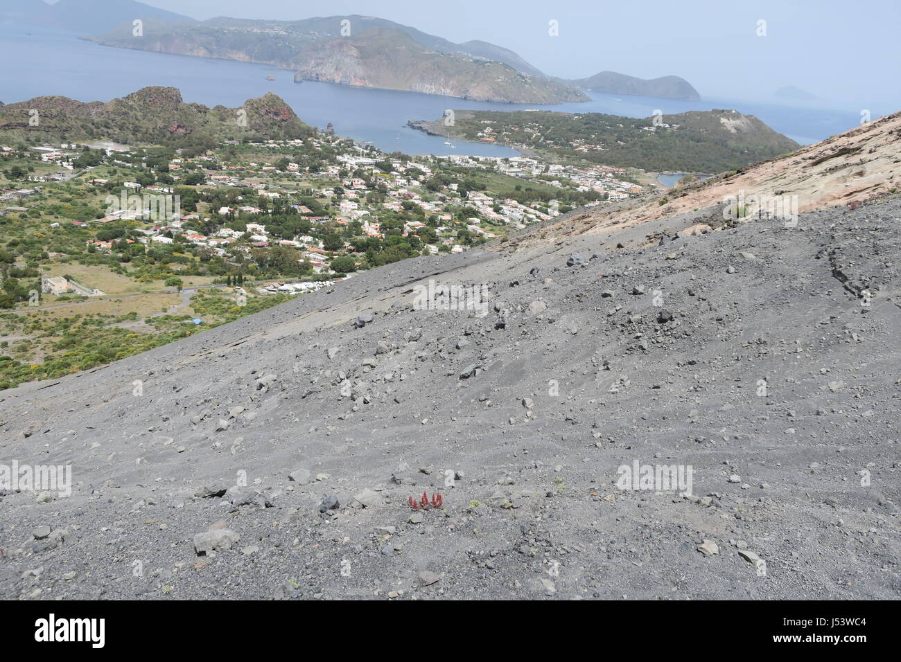 Nature and view on a way at the top of volcano on Vulcano island ...
