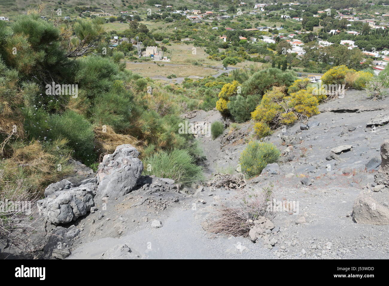 Nature and view on a way at the top of volcano on Vulcano island ...