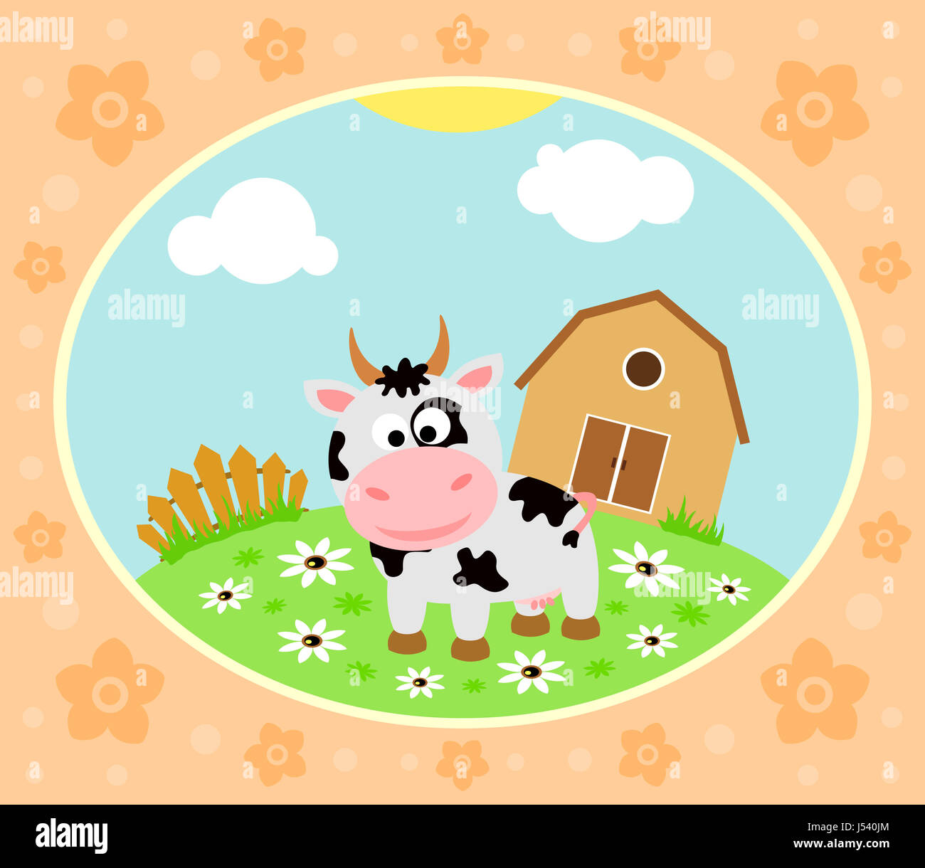 Farm background with funny cow Stock Photo - Alamy