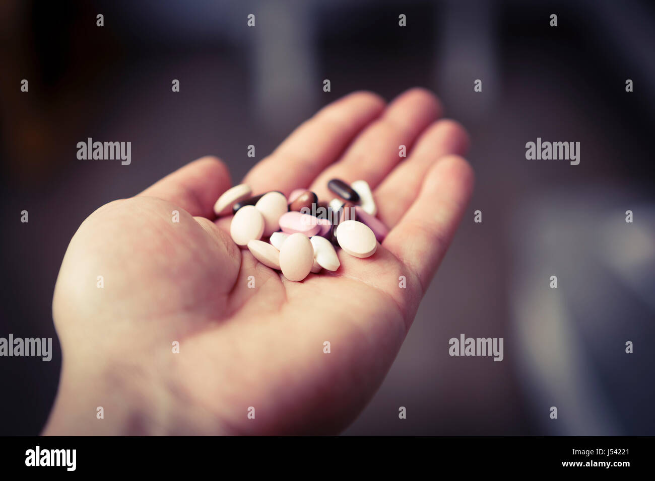 pills in woman hand, drug addiction, medicine Stock Photo - Alamy
