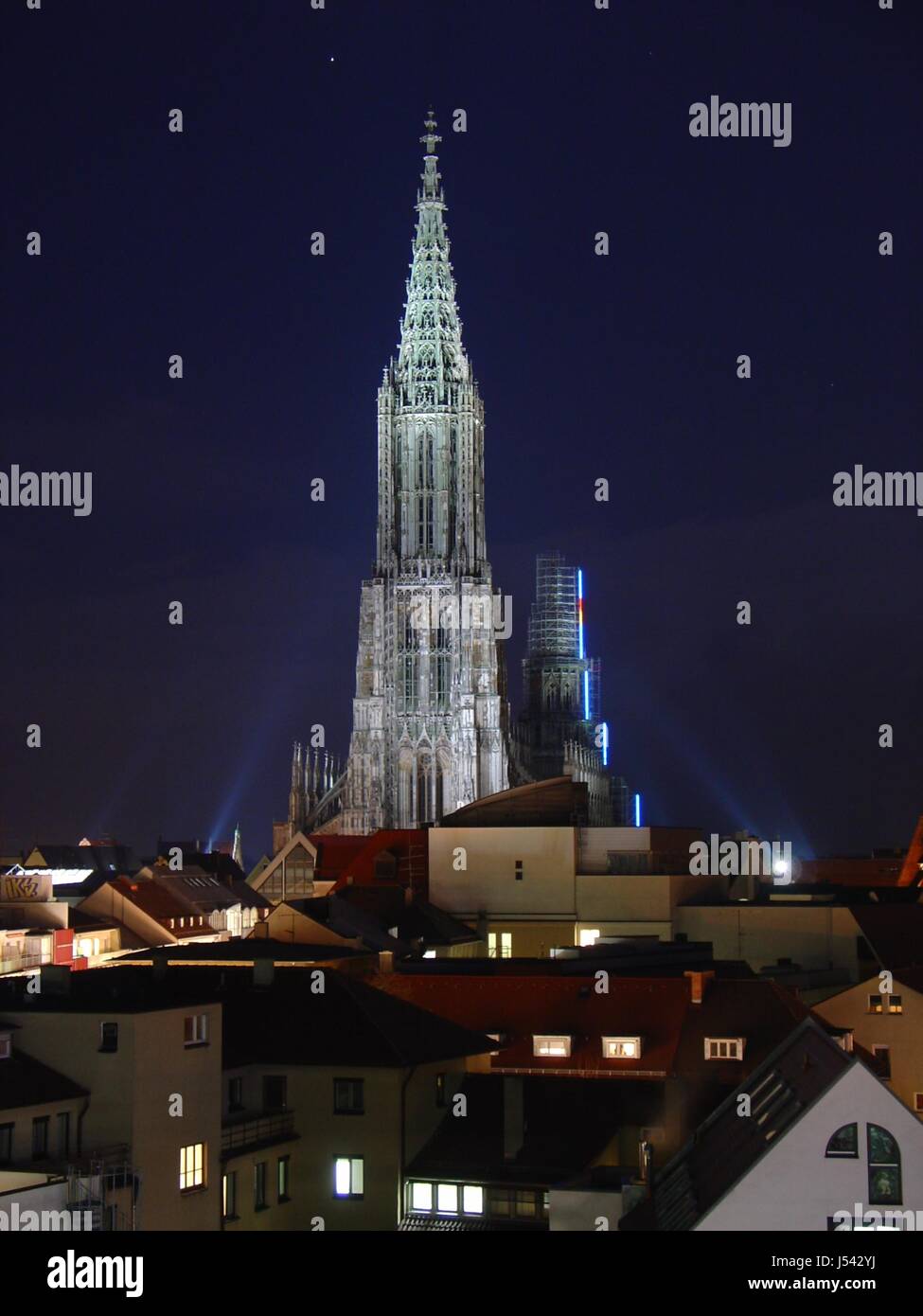 blue tower church night nighttime night photograph lighted cathedral ...