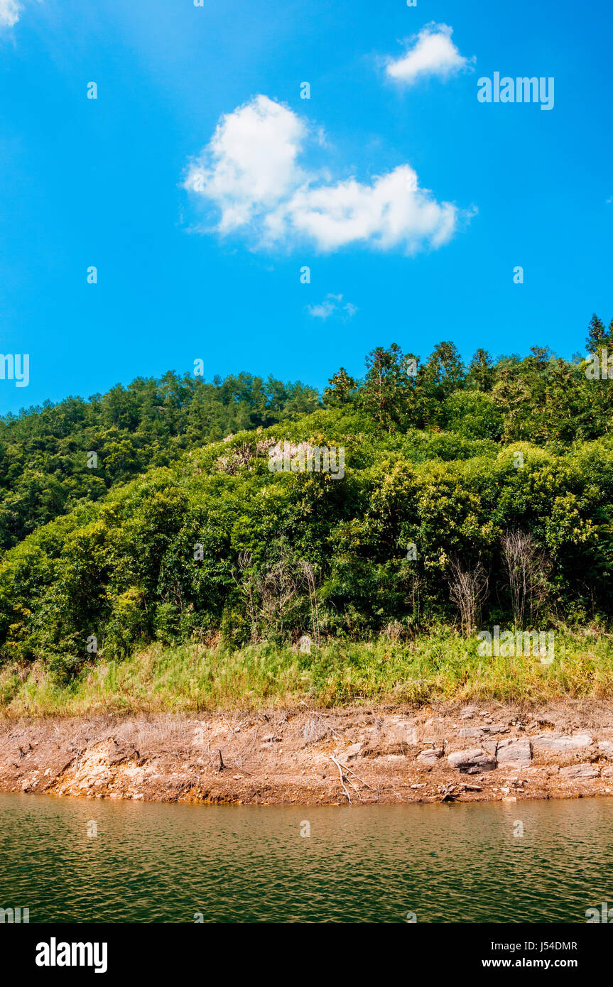 Beautiful reservoir scenery with blue sky in summer Stock Photo - Alamy