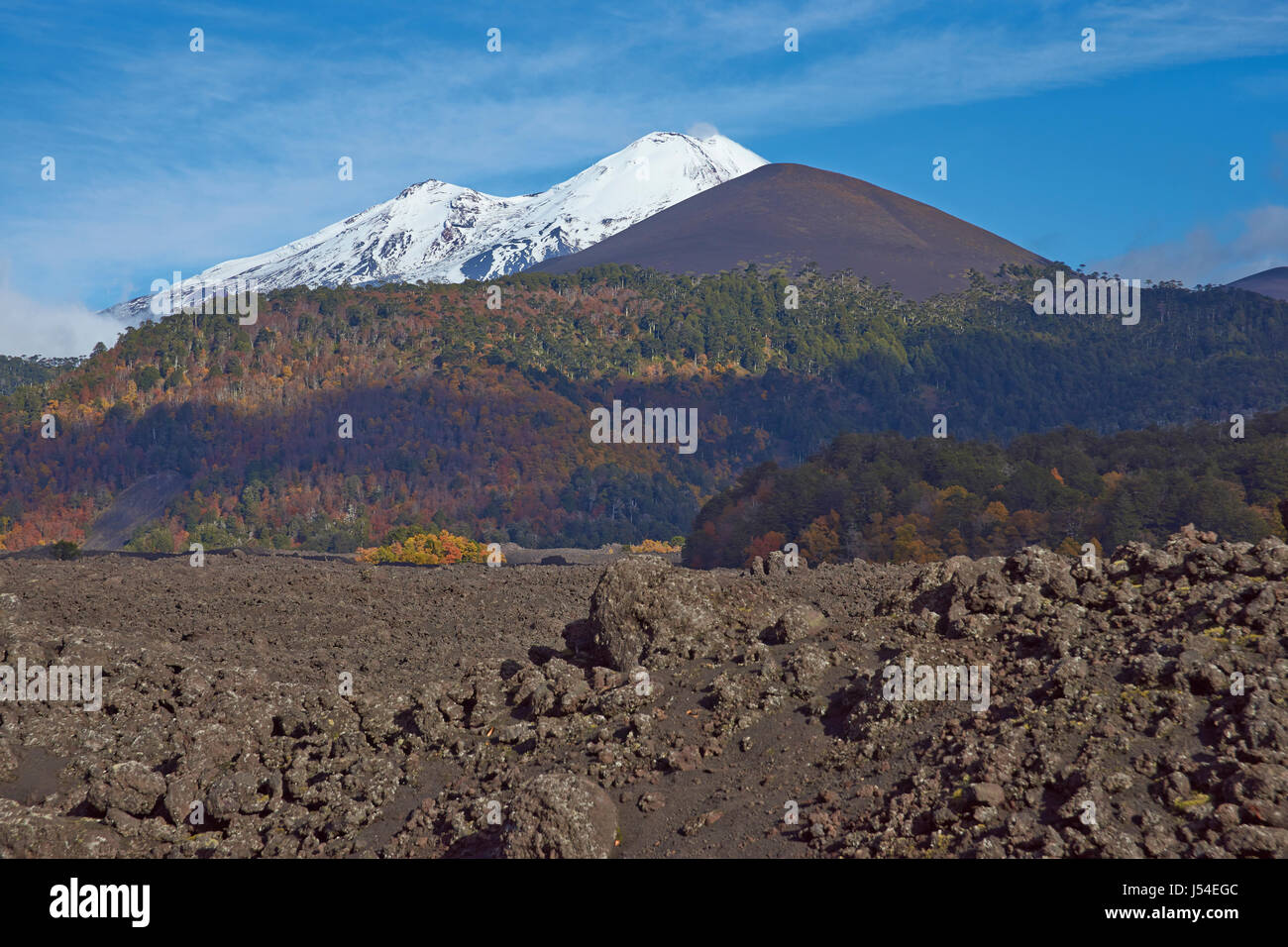 Snow capped peak of Volcano Llaima (3125 meters) rising above the lava ...