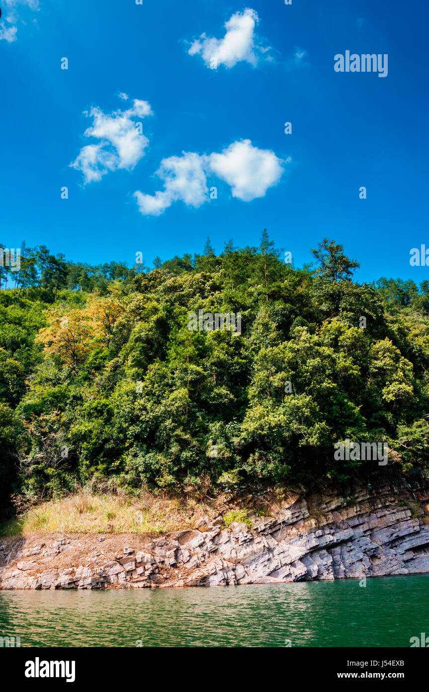 Beautiful reservoir scenery with blue sky in summer Stock Photo - Alamy