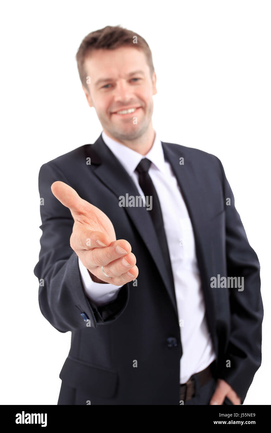 Portrait of a successful business man giving a hand on a white b Stock ...