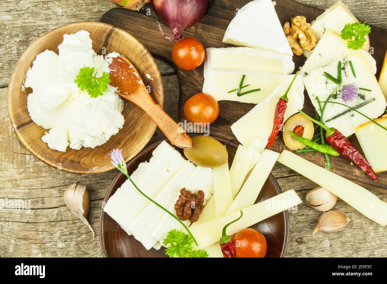 Refreshments from different types of cheese. Healthy breakfast of dairy ...