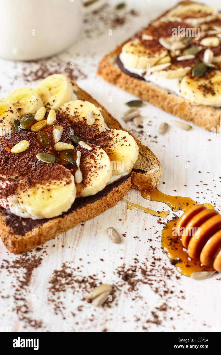 Breakfast Chocolate Banana Toast Stock Photo - Alamy