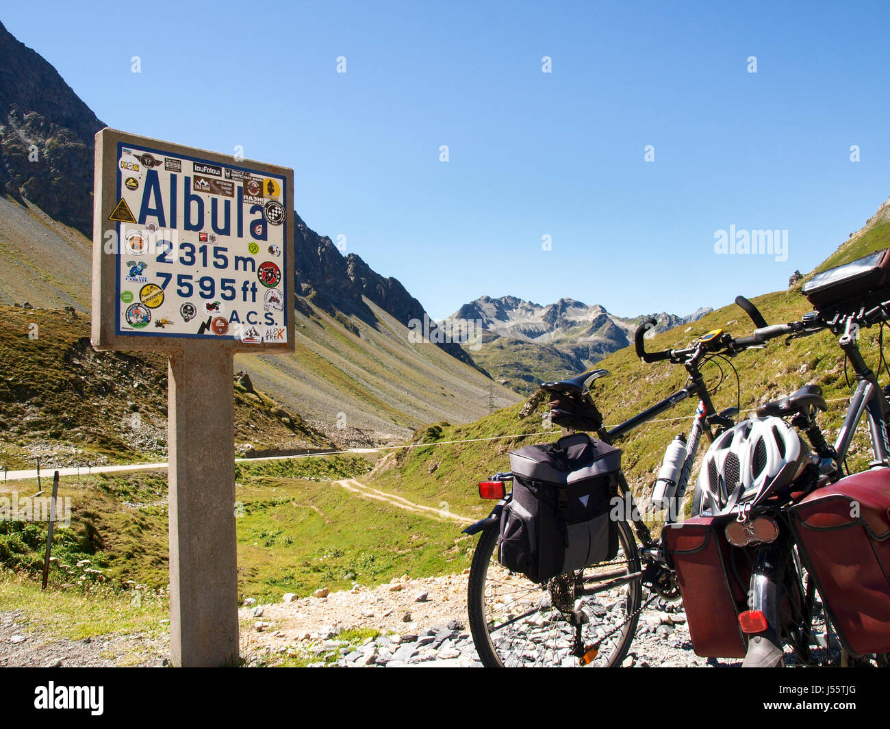 Albula Pass, Switzerland - August 24, 2016: Bicycles parked near the ...