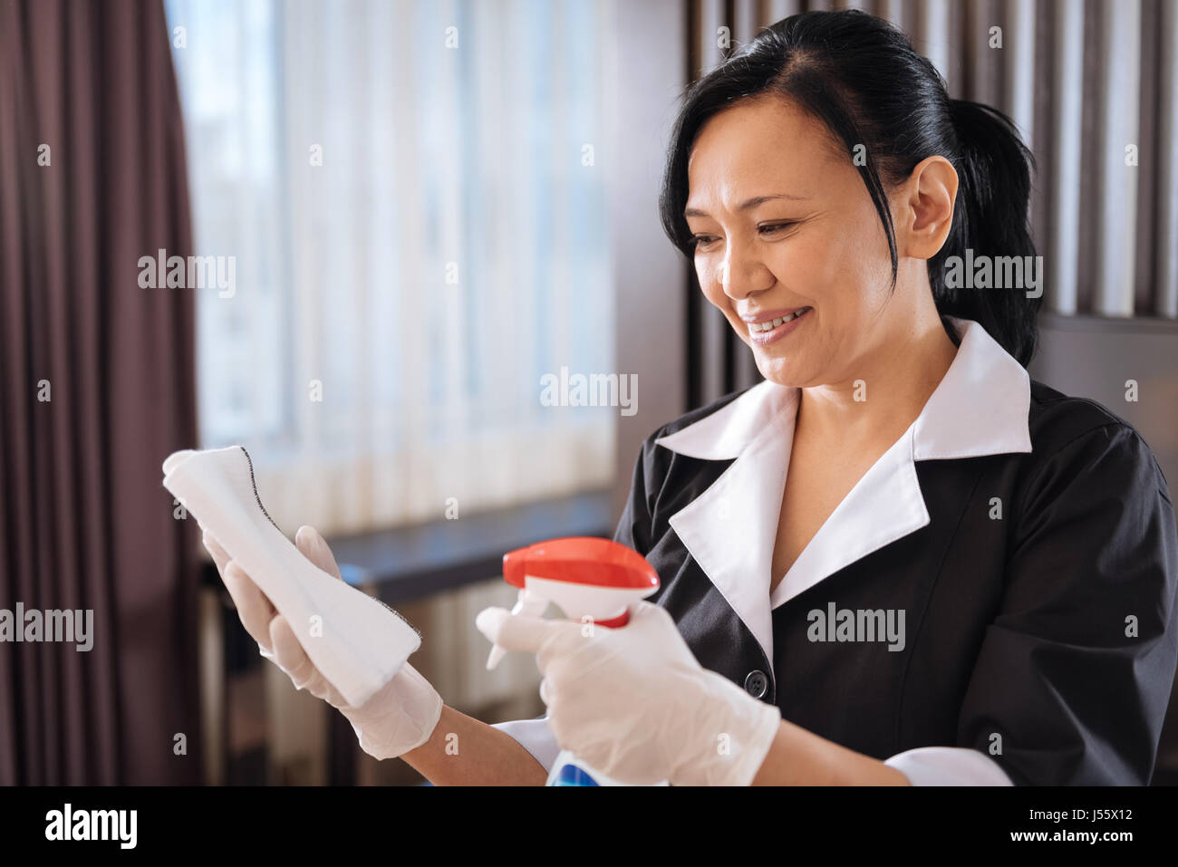 Pleasant delighted hotel maid using a cleansing spray Stock Photo - Alamy