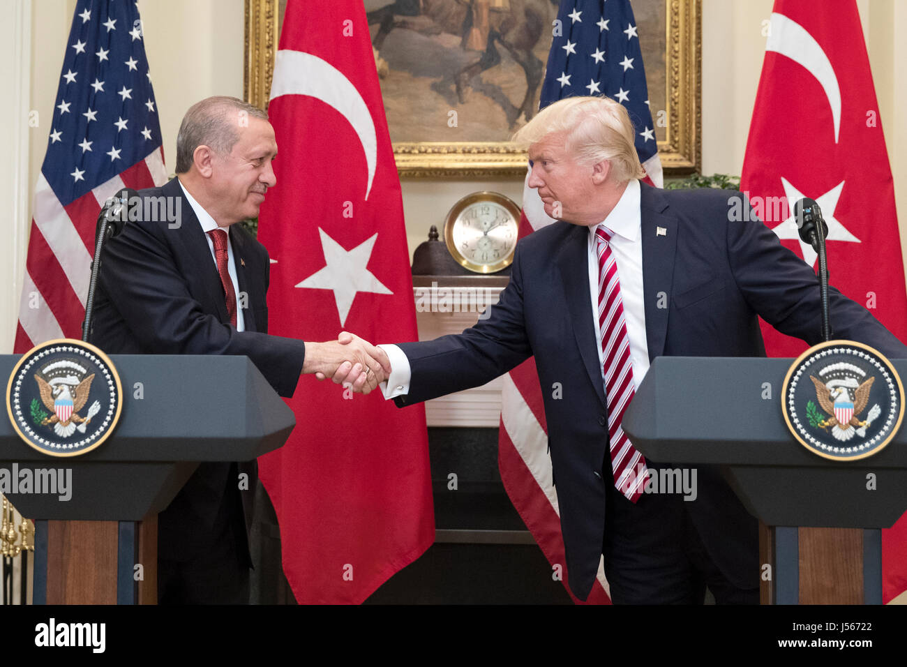 US President Donald J. Trump (R) shakes hands with President of Turkey ...