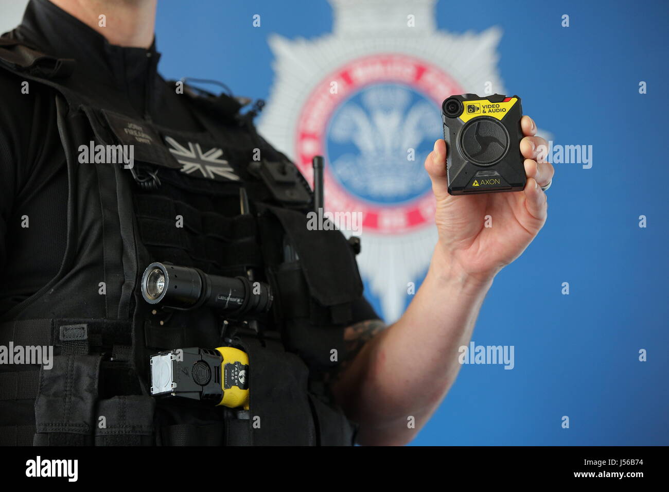 Cardiff, UK. 17th May, 2017. One of the AXON bodycams held by a ...