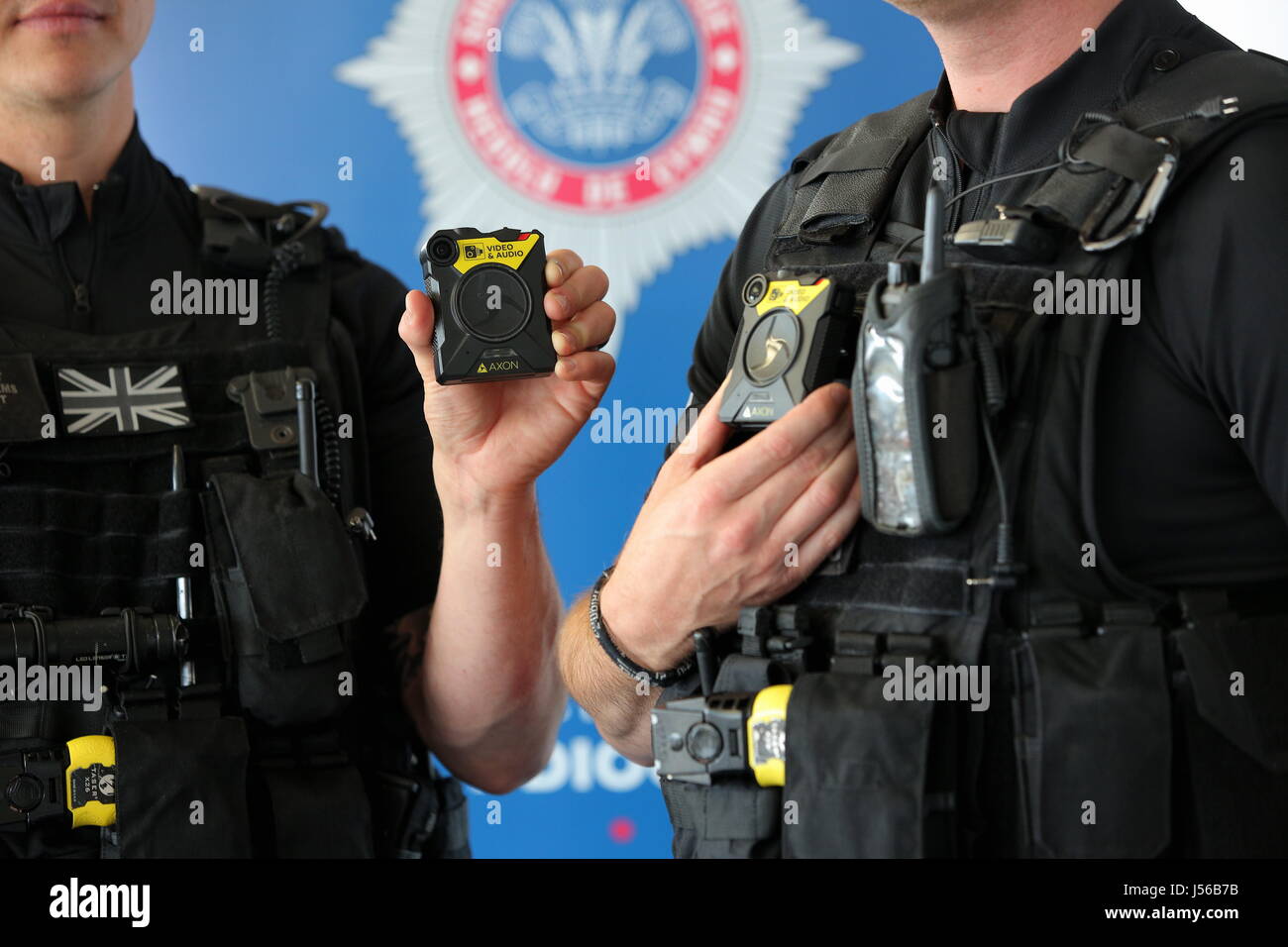 Cardiff, UK. 17th May, 2017. AXON bodycams held by firearms police ...